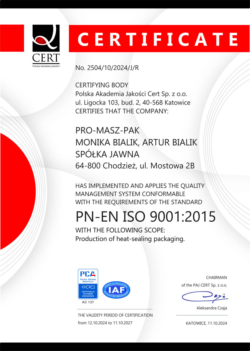 Certifications - Pro-Masz-Pak
